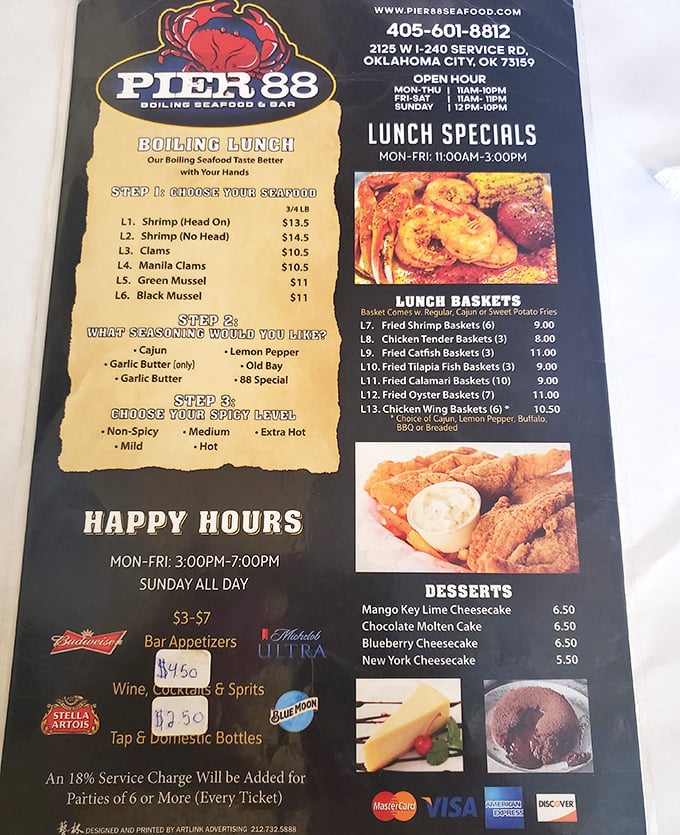 The menu lays out your seafood destiny in three simple steps: pick your catch, choose your flavor, and decide just how much heat your taste buds can handle.