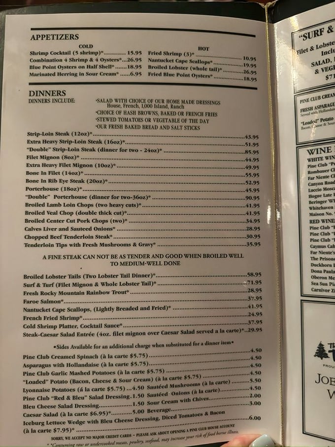 This isn't just a menu – it's a sacred text of carnivorous delights. Notice that warning about well-done steaks? They're serious about beef here.