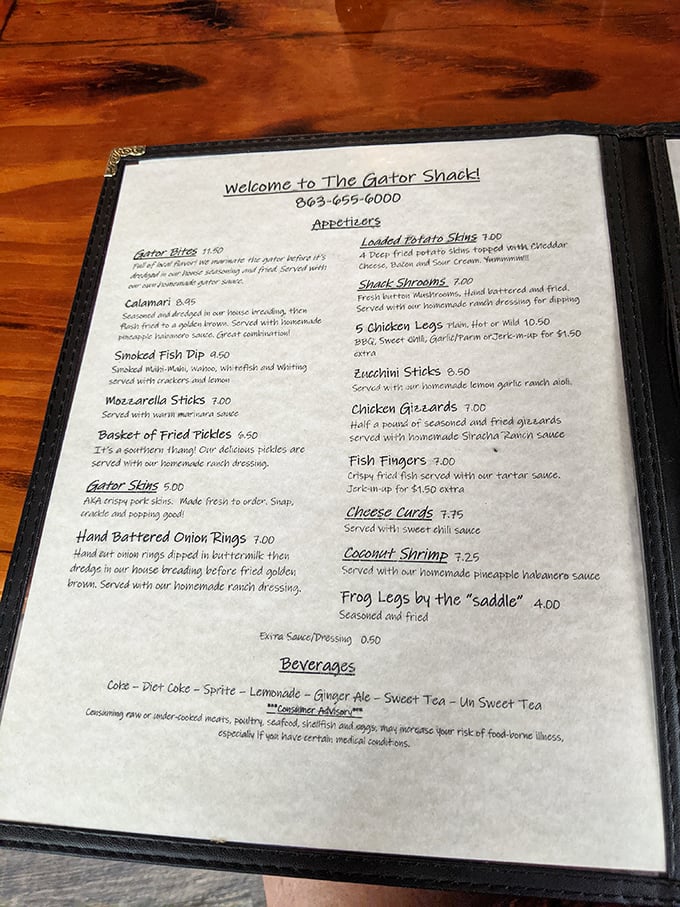 The menu reads like a love letter to Florida cuisine – gator bites, frog legs, and coconut shrimp that would make Jimmy Buffett write a song.