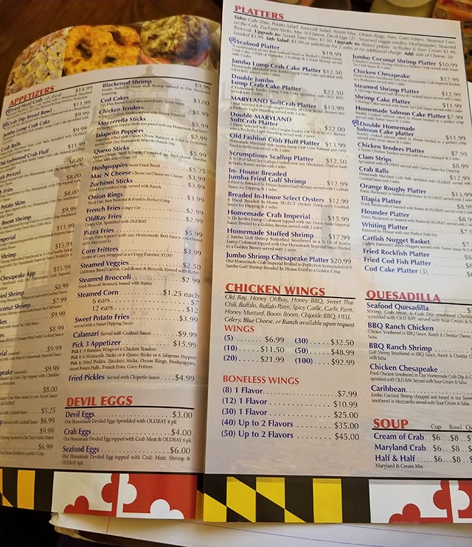 This menu isn't just a list—it's a treasure map. X marks the spot where "Maryland SoftCrab Platter" meets your seafood dreams.
