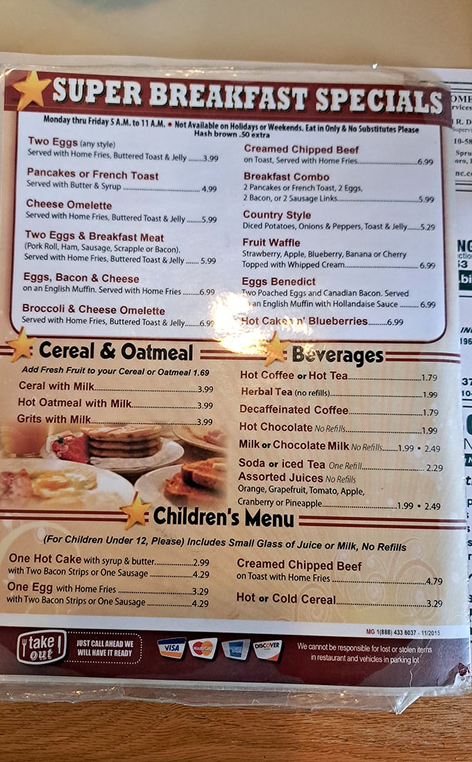 The menu reads like a breakfast lover's diary – everything from two eggs to fruit waffles, all reasonably priced.