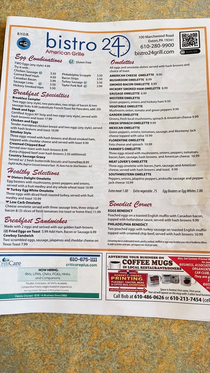 This menu reads like a love letter to breakfast, with omelets taking center stage.