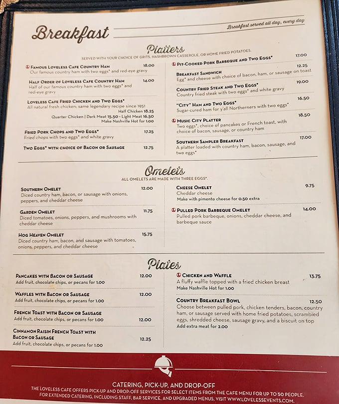 Breakfast menu reads like a Southern grandmother's greatest hits album – every track's a classic you'll want on repeat.