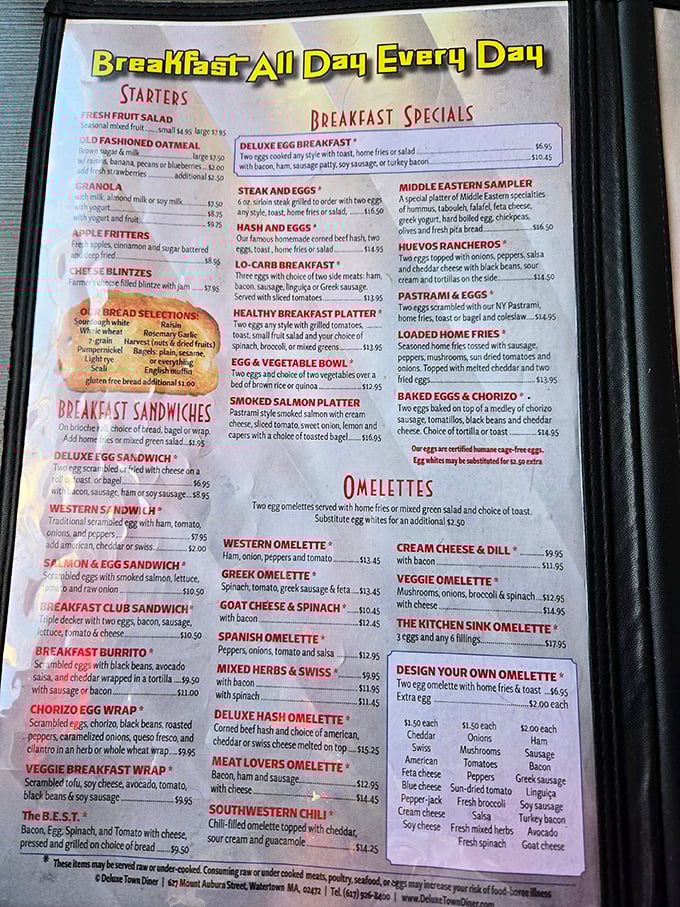 A menu that reads like a breakfast manifesto – no fancy fonts, just delicious facts.