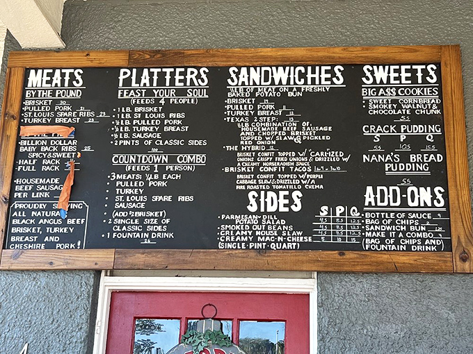 The menu board – a sacred text of smoked delights that reads like poetry to the hungry and a challenge to the indecisive.