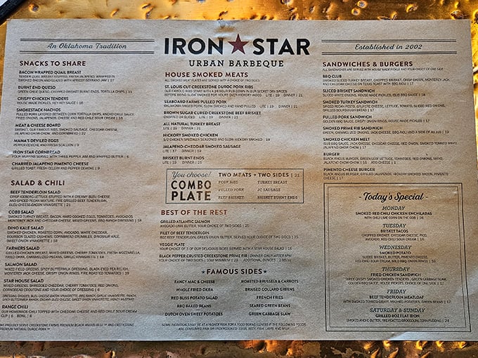 The menu reads like a love letter to smoked meats—each category promising the kind of satisfaction that requires extra napkins.
