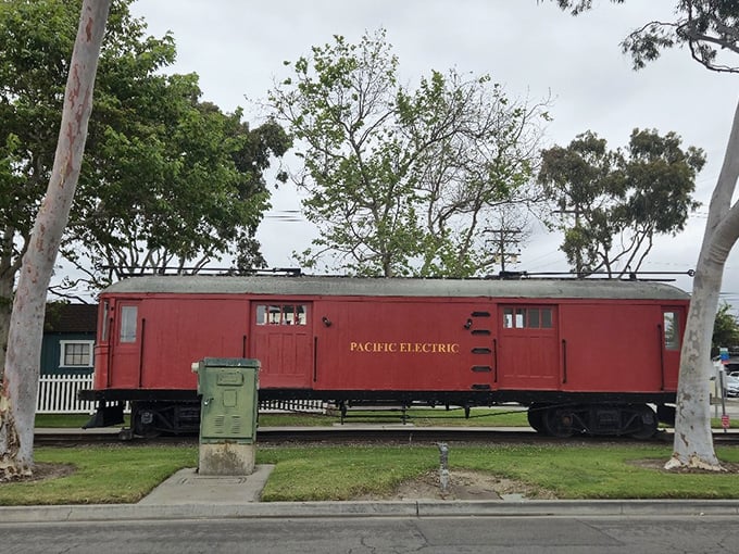 All aboard memory lane! This restored Pacific Electric railcar isn't just preserved history—it's a vibrant reminder of Southern California's connected past.