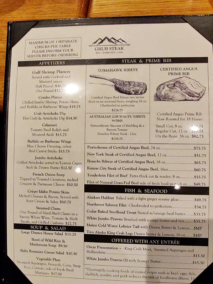 The menu reads like a carnivore's dream journal—notice how they don't waste precious space on kale smoothies or deconstructed anything.