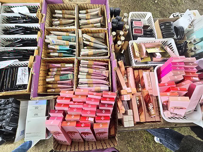 Beauty products from yesteryear lined up like soldiers. One person's discontinued makeup collection becomes another's vintage vanity display.