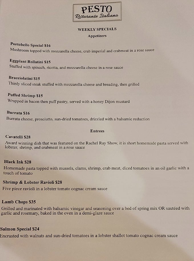 The menu reads like a love letter to Italian cuisine, with each description promising a different path to gastronomic bliss.