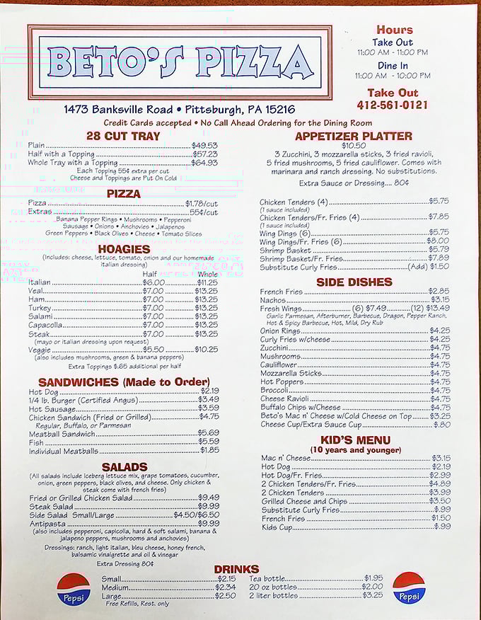 This menu isn't just a list—it's a treasure map. Each line promises a different adventure, with the star attraction hiding in plain sight: cold-topped pizza.
