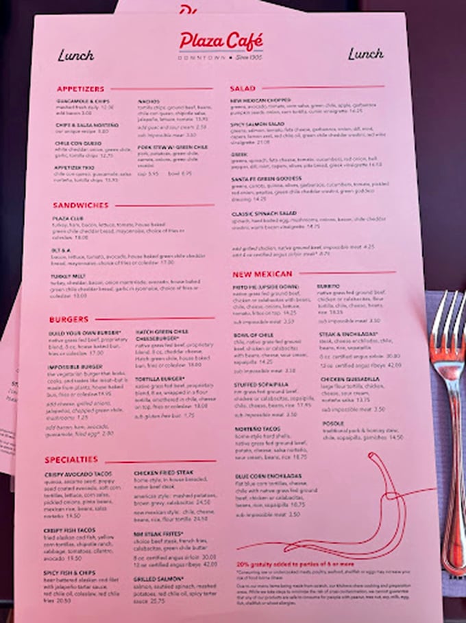 The menu reads like a love letter to New Mexican cuisine—where traditional diner fare meets chile-infused specialties in delicious matrimony.