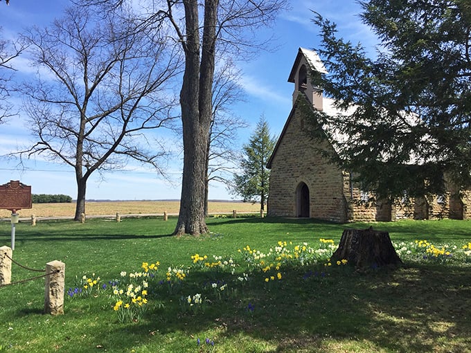Quarry Chapel stands as a stone sentinel amid daffodils and open fields. This little church doesn't need a steeple to reach heaven—it's already halfway there.
