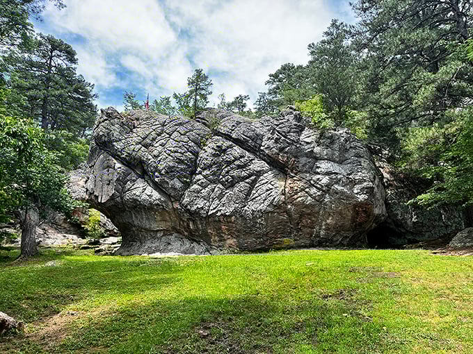 This massive sandstone formation isn't just a pretty face—it's the actual "Robbers Cave" where Jesse James and outlaws once plotted their next moves.