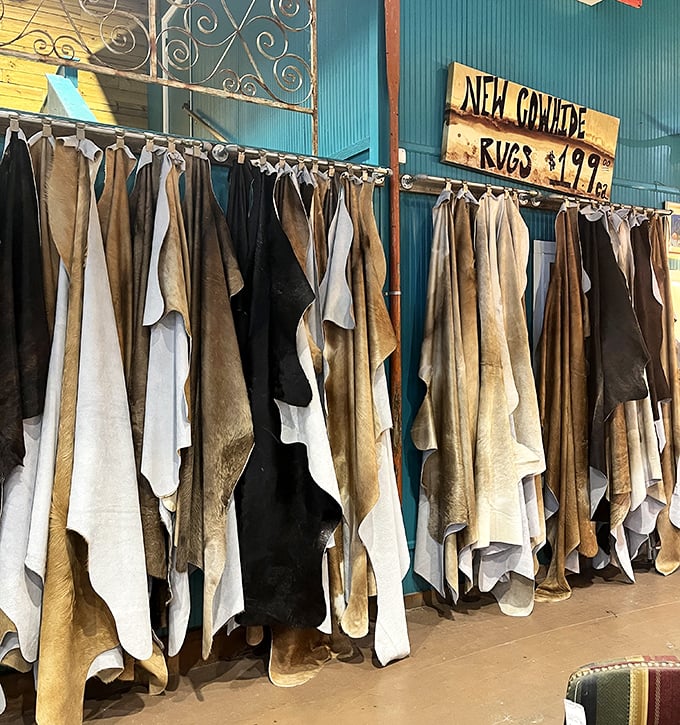 Nature's patterns on display – these cowhide rugs tell stories of the West while waiting to add character to someone's living room.