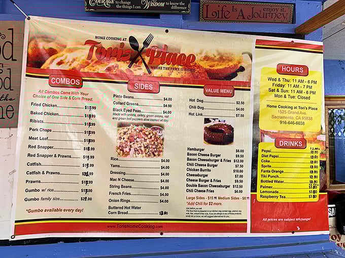 The menu board tells the whole delicious story—combos, sides, and that magical phrase: "Gumbo available every day!" Some promises are worth traveling for.