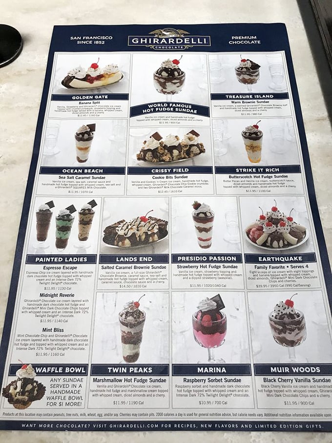 The menu reads like a map of San Francisco's neighborhoods, each sundae a delicious landmark waiting to be conquered one spoonful at a time.