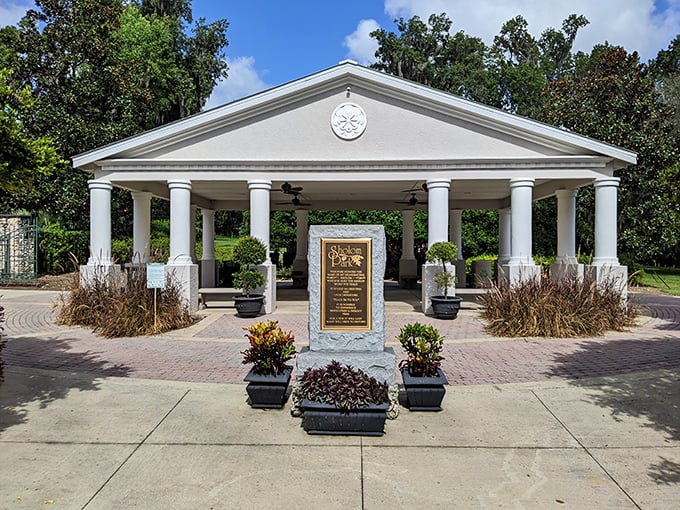 This elegant pavilion at Sholom Park offers a peaceful retreat that whispers, "Sit a spell" without charging you an admission fee for the privilege.