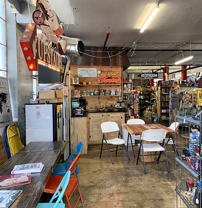 Even treasure hunters need a break. This charming café corner offers weary antiquers a spot to rest and strategize their next discovery.