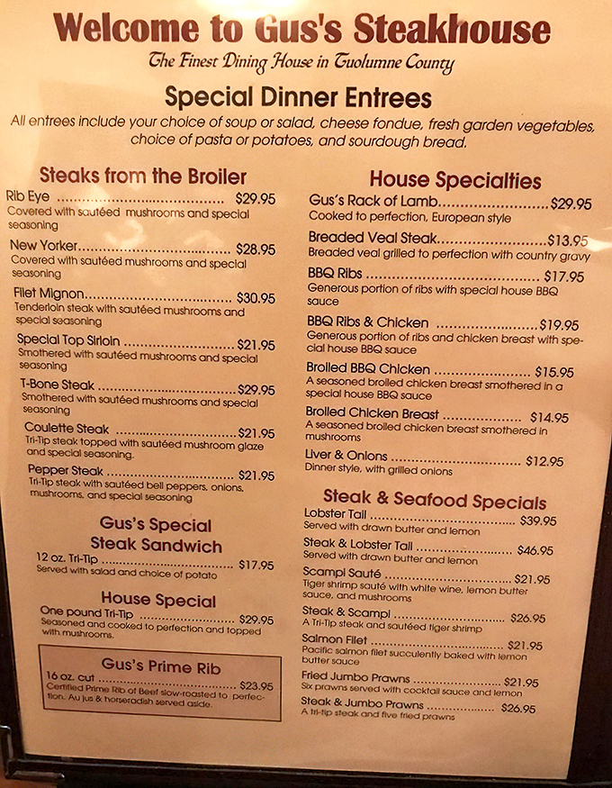 This menu isn't just a list of options—it's a roadmap to carnivorous bliss, with prime rib as the ultimate destination.