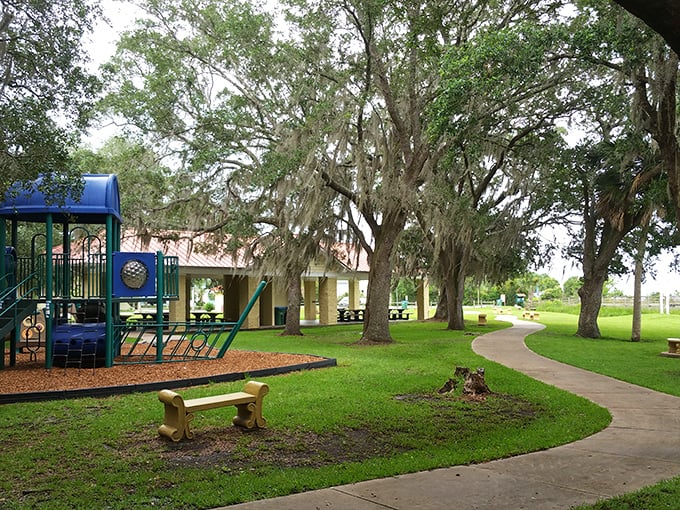 Playground equipment that doesn't beep, blink, or require batteries. Under these ancient oaks, kids discover the original version of screen time—watching actual nature.