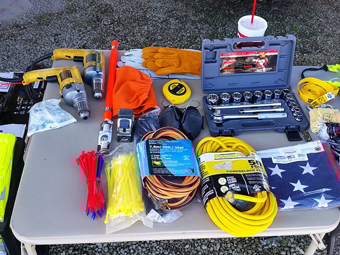 Socket sets, zip ties, and measuring tapes prove that one person's workshop cleanout is another's hardware store dream.