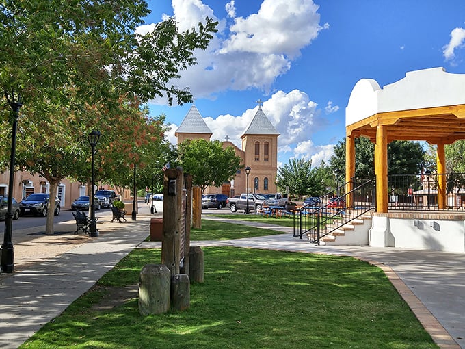 Mesilla's plaza unfolds like a living postcard, with the iconic gazebo and church framing a scene that hasn't changed much since stagecoach days.