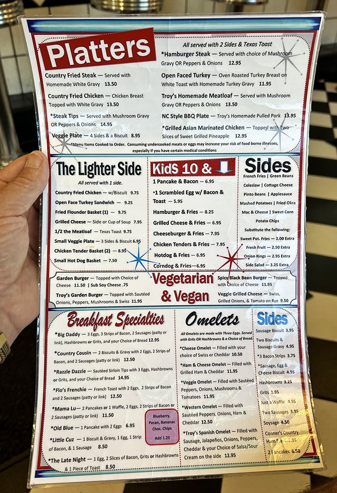 The menu at Troy's reads like a love letter to comfort food – where breakfast is served all day because pancakes don't care what time your watch says.