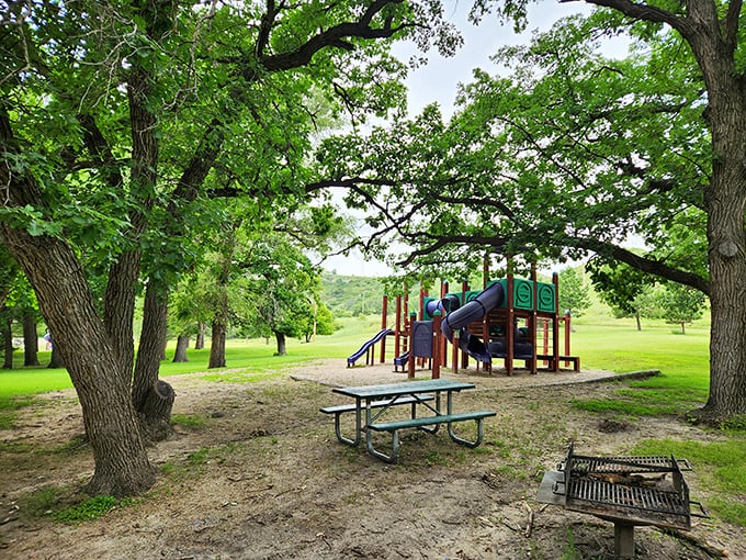 This playground tucked among towering trees offers a perfect family picnic spot—nature's air conditioning included at no extra charge.