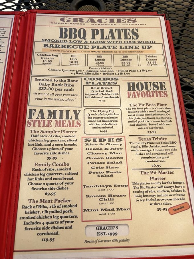 This menu isn't just a list – it's a sacred text of smoke and fire. The "Texas Trinity" alone is worth crossing state lines for.