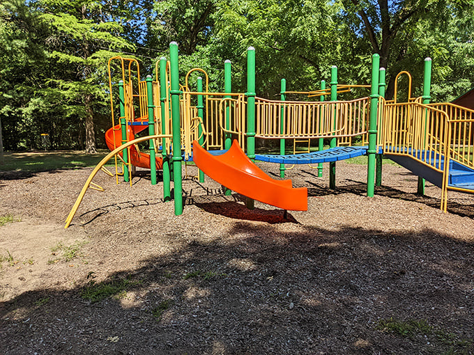 This playground isn't just for kids—it's a colorful reminder that sometimes the best therapy is sliding down something meant for someone half your size.