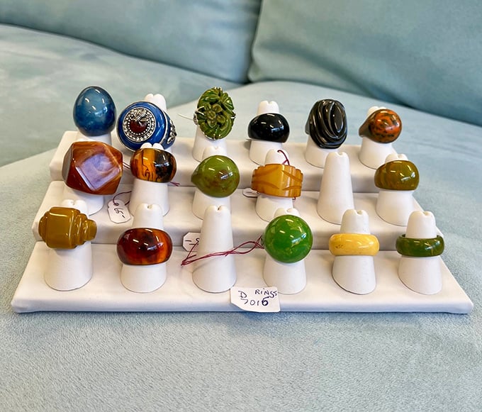 "These colorful vintage rings aren't just accessories – they're tiny time machines for your fingers, each with stories to tell."