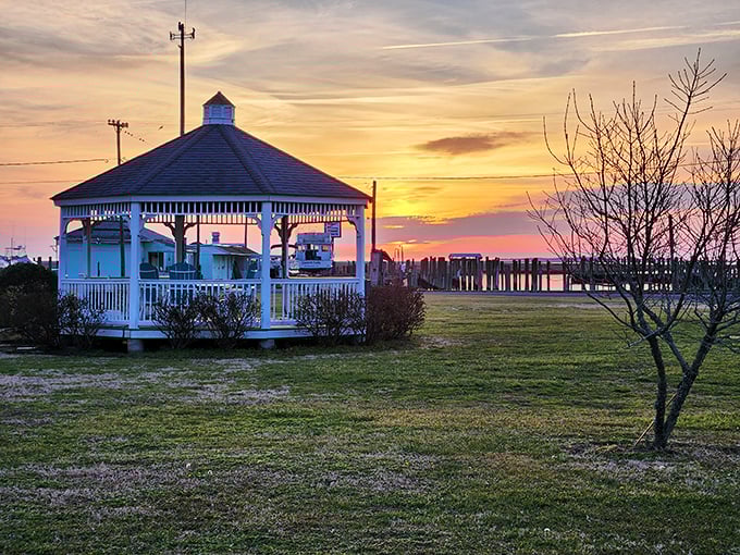 Sunset at the gazebo – nature's evening show that beats anything on Netflix. The perfect spot to contemplate life's big questions or simply what's for dinner.