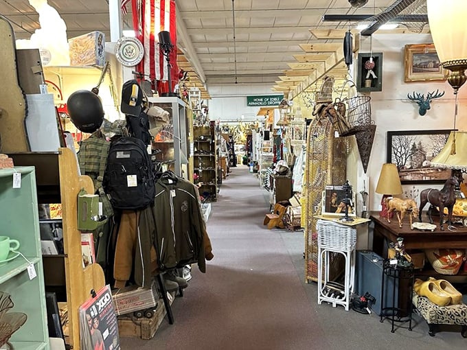 Military gear meets Americana in this corridor of collectibles—proof that one person's old uniform is another's prized possession.