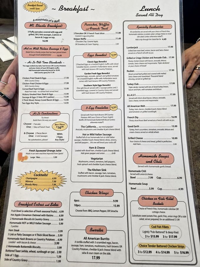 This menu isn't just offering food—it's promising happiness on a plate. The "Mt. Shasta Breakfast" isn't named after the mountain by accident!