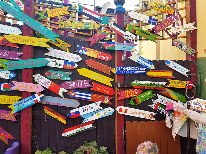 The international welcome signs remind us that creativity speaks every language—and here, it's shouting in all of them simultaneously.