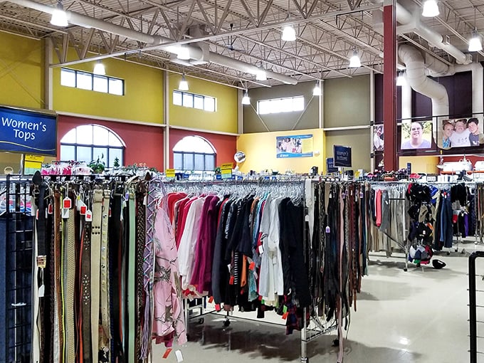 Color-coded walls and neatly organized racks transform what could be chaos into a shopper's paradise. Marie Kondo would approve!