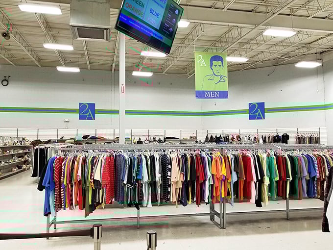 Welcome to the men's department, where color-coded racks transform the hunt for the perfect shirt into an organized adventure rather than a chaotic expedition.