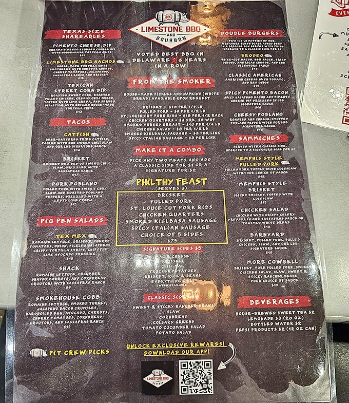 The menu reads like barbecue poetry—with the "Philthy Feast" as its epic centerpiece, promising enough meat to make a vegetarian weep from across the room.