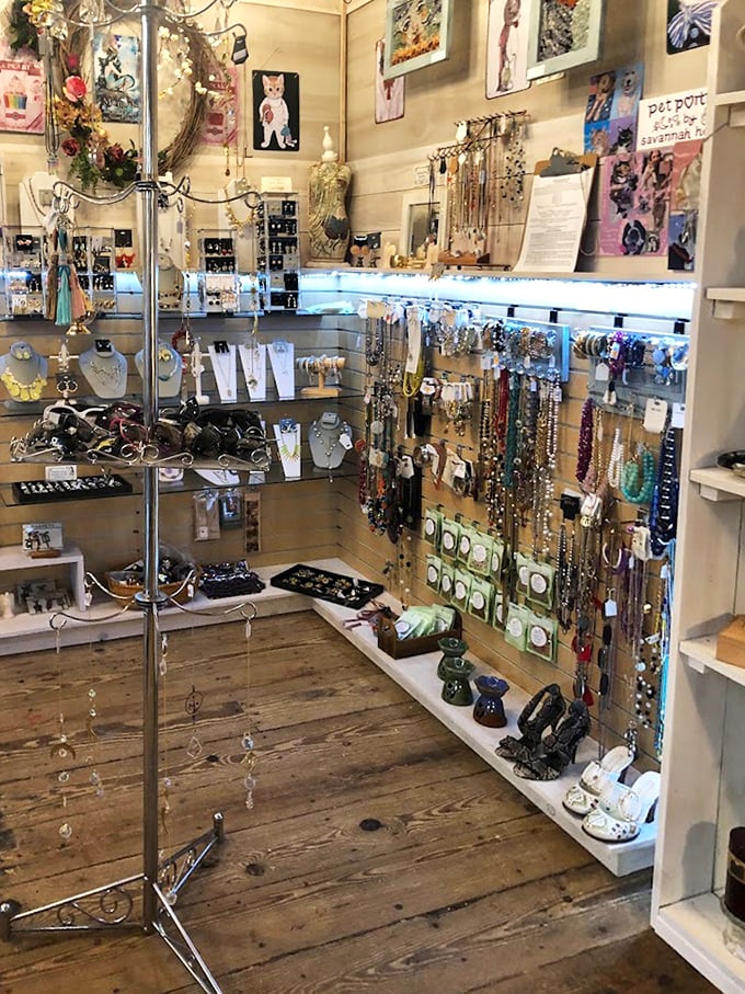 The jewelry section sparkles with potential, where vintage necklaces and brooches wait to adorn their next admirer.