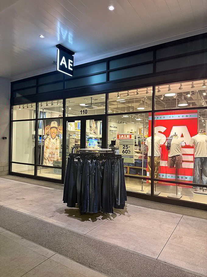 American Eagle's storefront showcases casual cool with a side of savings. That "50% off" sign is music to a bargain hunter's ears.
