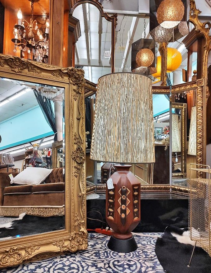 Mirrors reflecting mirrors creating infinity—just like the endless excuses you'll make to justify buying that perfect mid-century lamp.