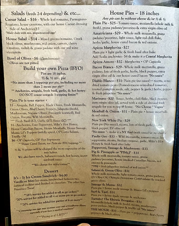 The menu reads like a manifesto for pizza perfection—note the three-topping limit, not a suggestion but a philosophy.