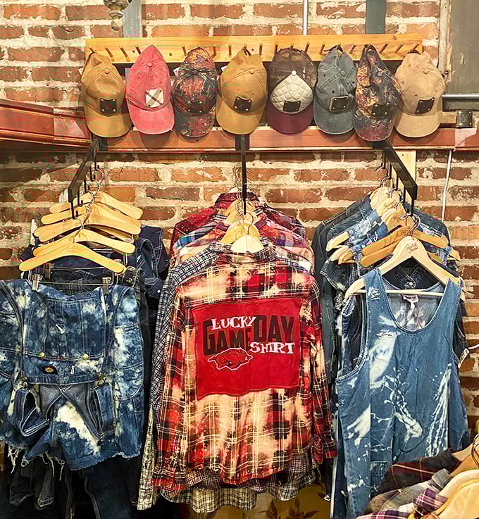 Arkansas pride meets vintage fashion where Razorback gear and acid-washed denim create the perfect storm of style nostalgia.