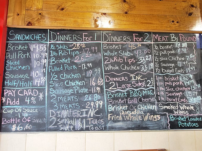 The chalkboard menu—barbecue's version of sacred text. Each handwritten item represents hours of smoking, decades of expertise, and seconds until your mouth waters.