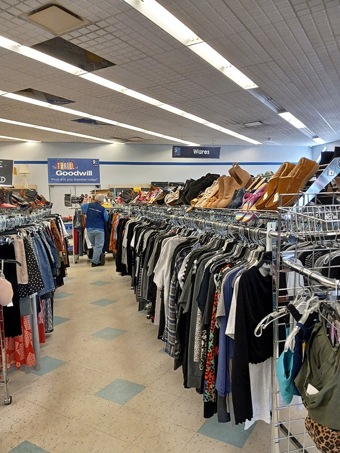 Racks upon racks of clothing create fashion canyons to explore—each hanger click might reveal your next favorite outfit.