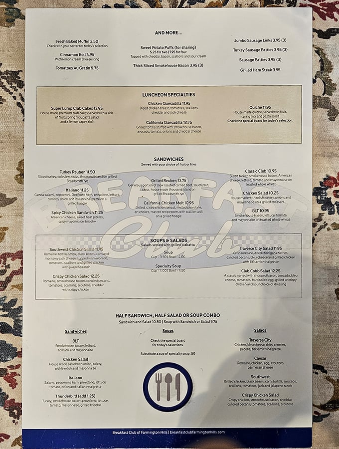 The menu reads like a love letter to breakfast enthusiasts—notice how the quesadillas get their own special highlighted section? That's not an accident, folks.
