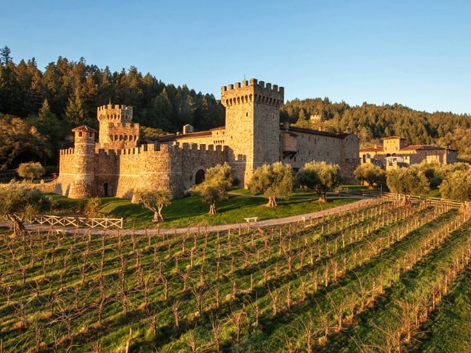 Golden hour transforms this Napa Valley fortress into something straight out of a European fairy tale—minus the dragon.