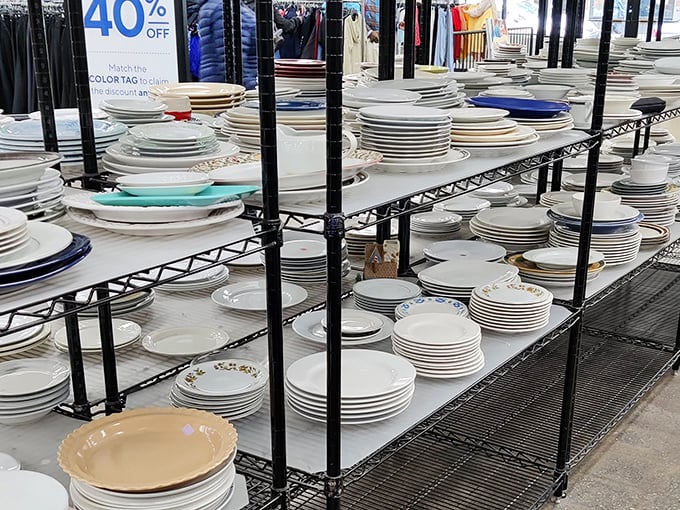 Dish paradise awaits! Each stack of plates tells a different story—like archeological layers of New York dining history waiting to furnish your next dinner party.