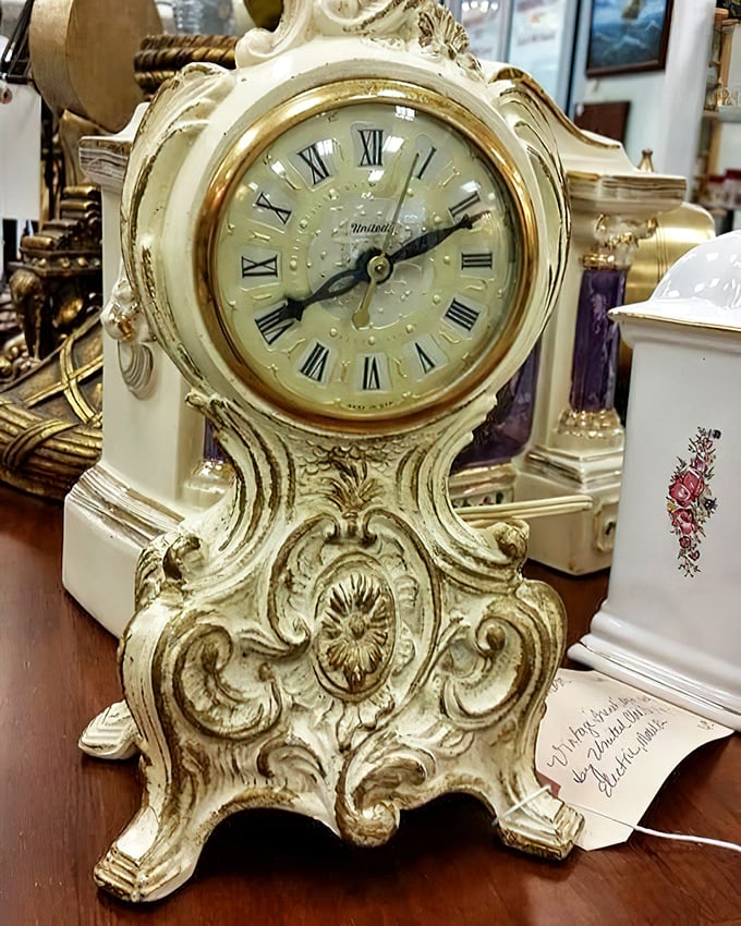 This ornate timepiece doesn't just tell time – it tells stories of parlors past, when conversation was an art form, not a notification.